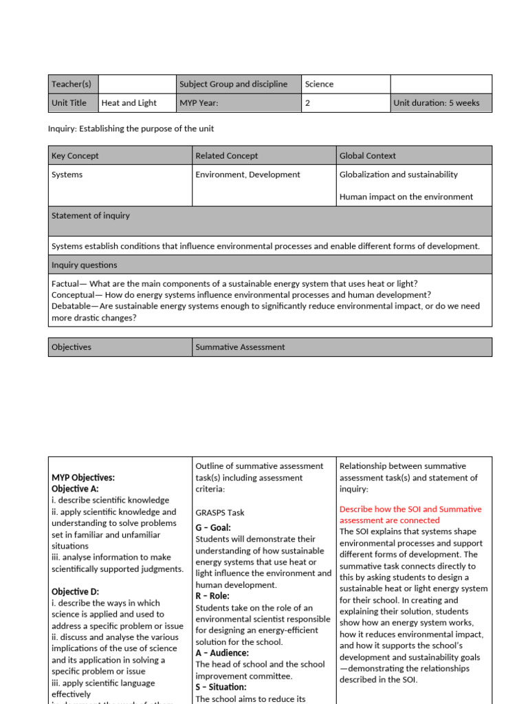 MYP Unit Planner Template Interactive | PDF | System | Science