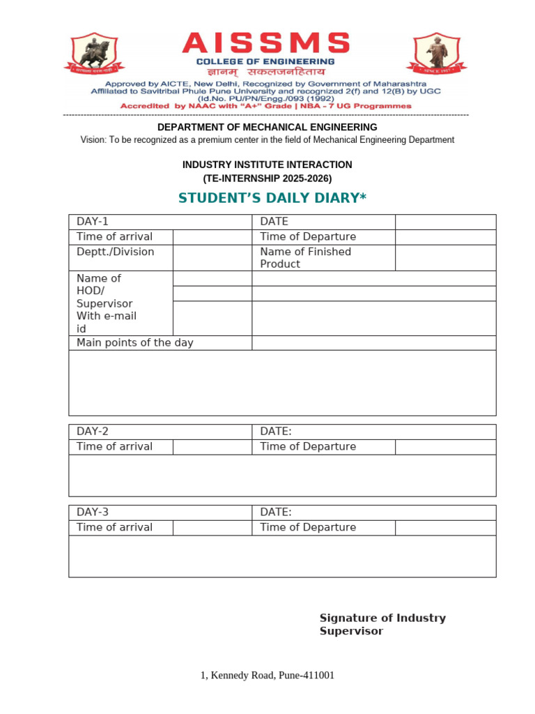 TE-Internship Daily Diary Template | PDF