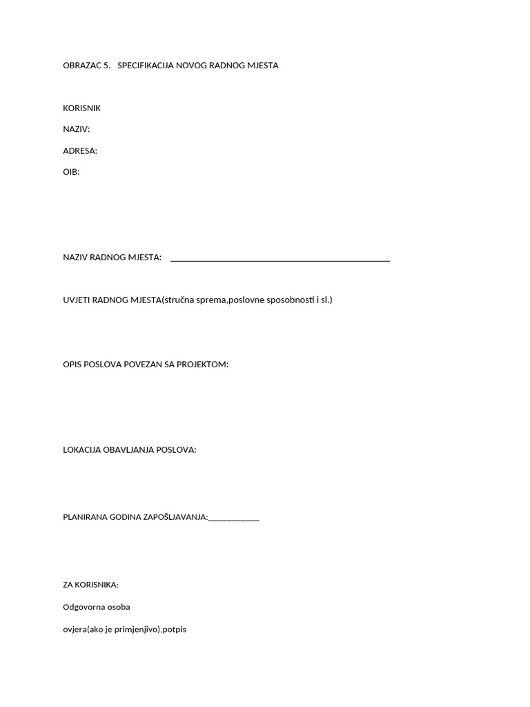 Obrazac 5 Specifikacija Novog Radnog Mjesta 1 | PDF
