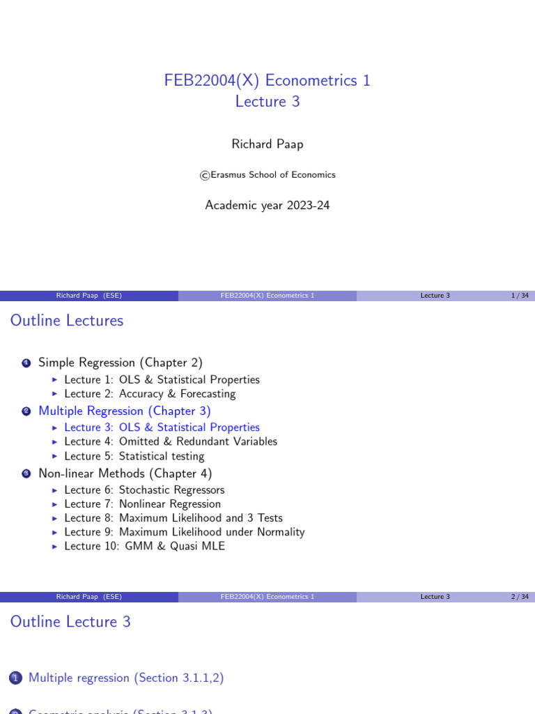 Lecture3 Handout | PDF | Ordinary Least Squares | Errors And Residuals