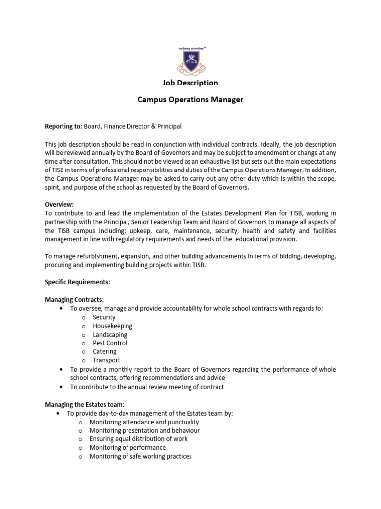Campus Operations Manager Job Description | PDF | Occupational Safety ...
