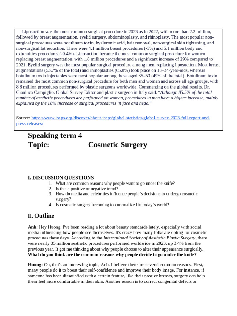 Speaking Term 4 | PDF | Plastic Surgery | Medical Specialties