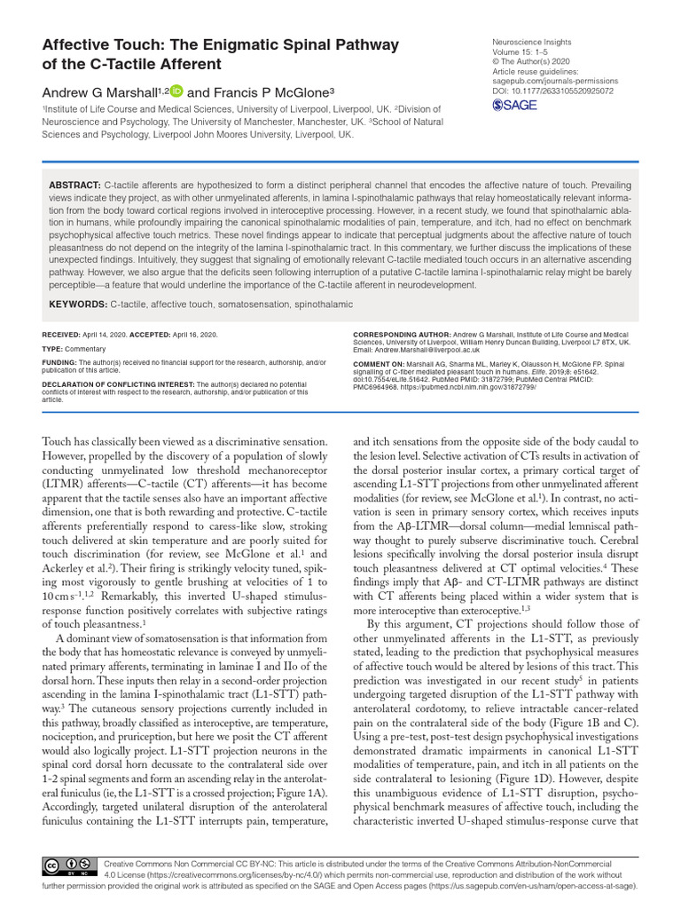 Affective Touch - The Enigmatic Spinal Pathway of The C-Tactile ...