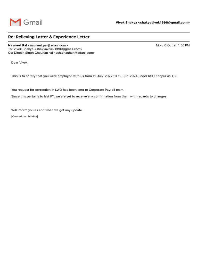 Re - Relieving Latter & Experience Letter | PDF