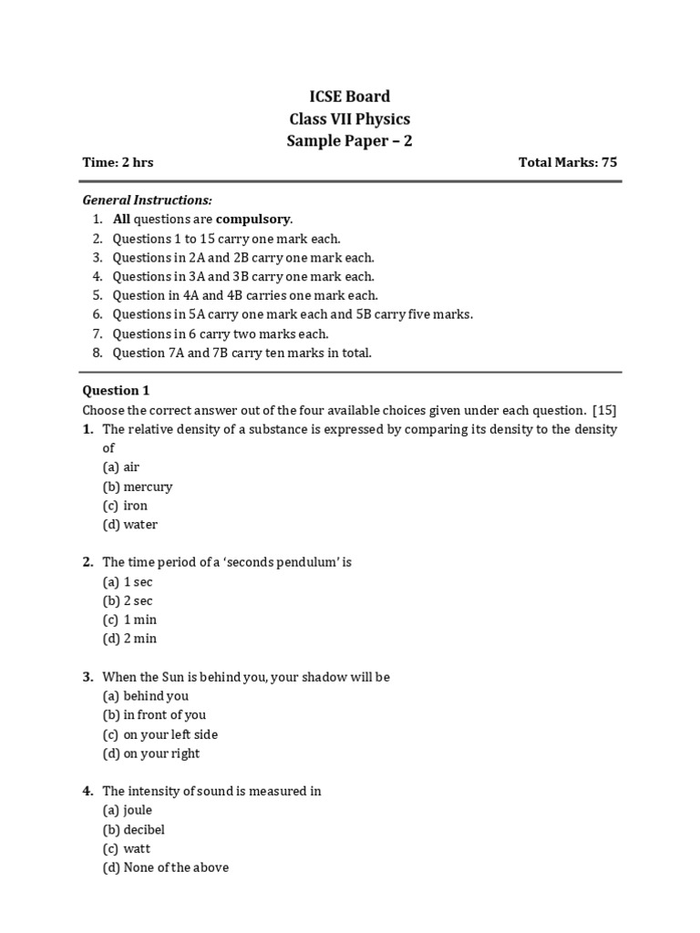ICSE Class 7th Physics 2019 Set 2 Sample Paper | PDF | Mirror | Acceleration