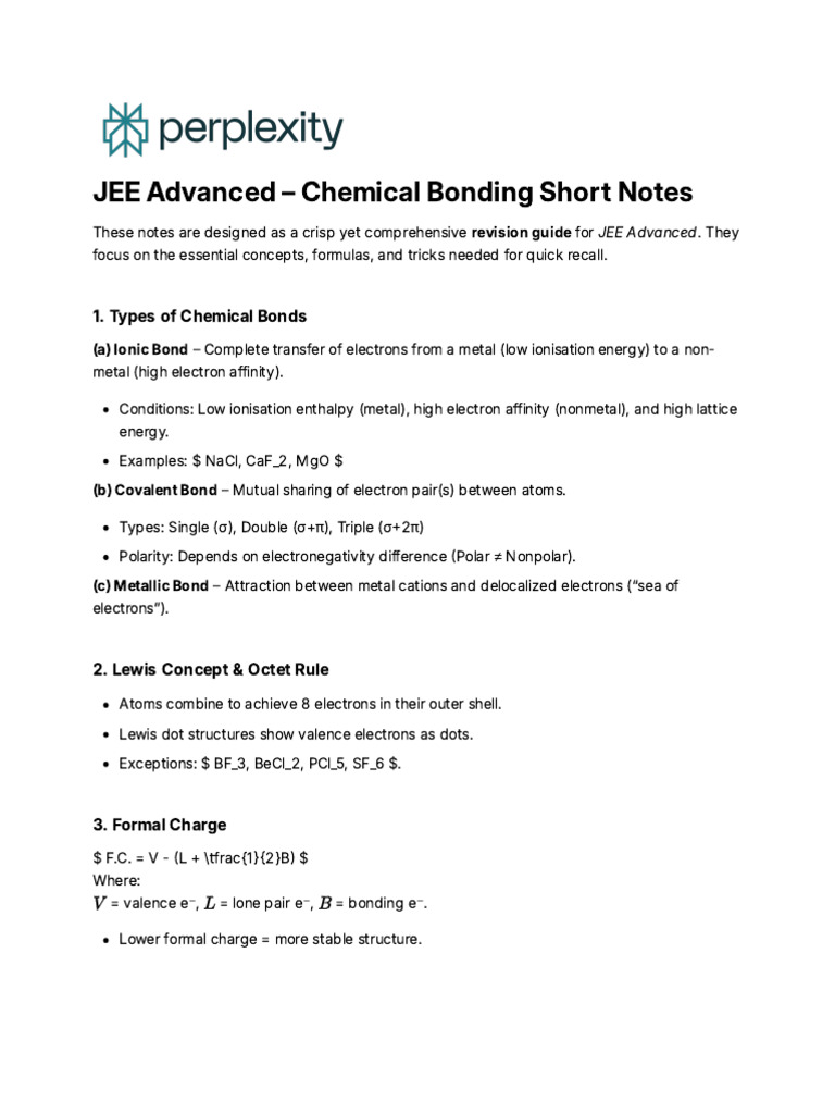 JEE Advanced Chemical Bonding Notes | PDF | Chemical Bond | Molecular ...