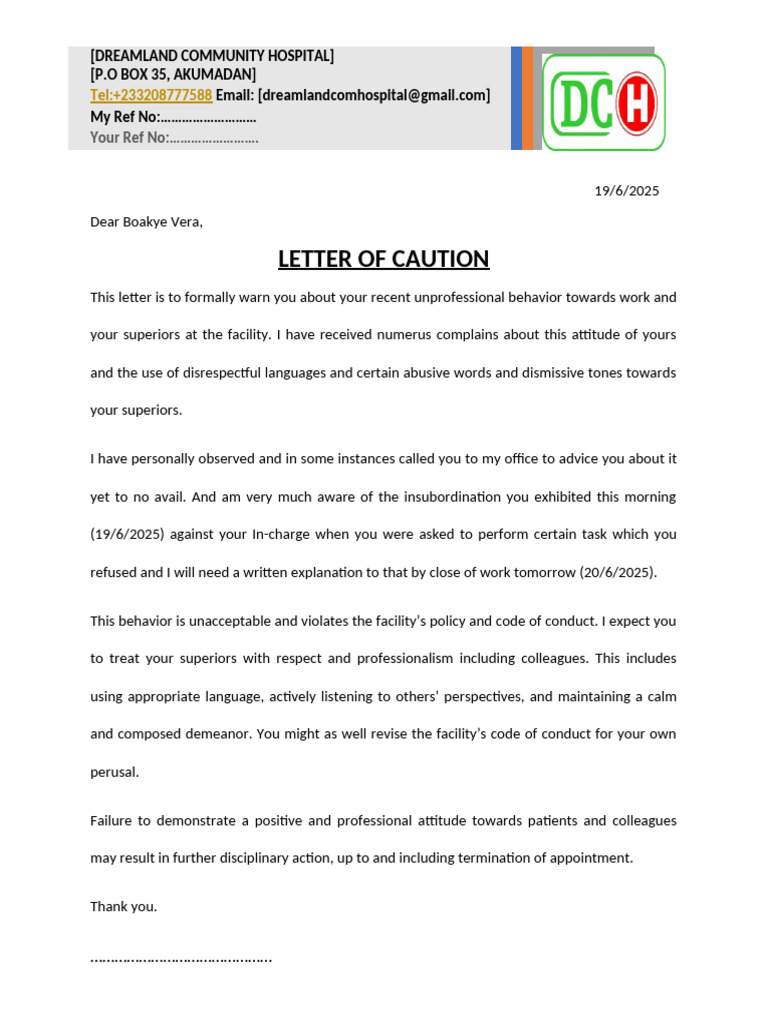 Caution Letter for Unprofessional Behavior | PDF