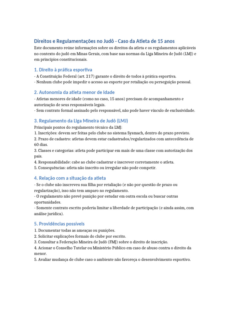Direitos da Atleta de Judô em Minas Gerais | PDF