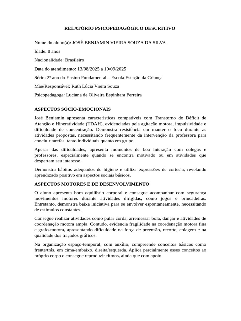 Relatório Psicopedagógico de José Benjamin | PDF | Transtorno de ...