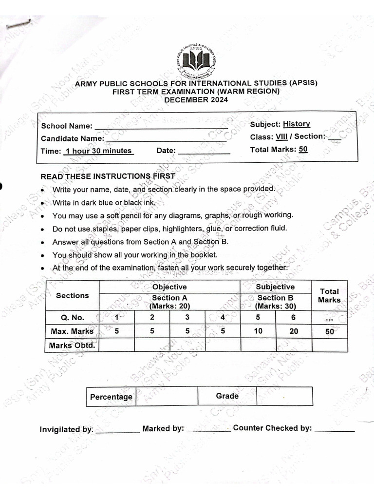 Past Paper of History Class 8 | PDF