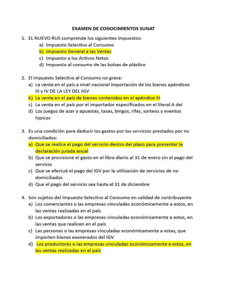 EXAMEN DE CONOCIMIENTOS SUNAT pdf | PDF | Impuestos | Impuesto sobre la ...