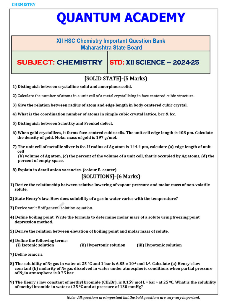 XII HSC Chemistry Important Questions | PDF | Transition Metals ...