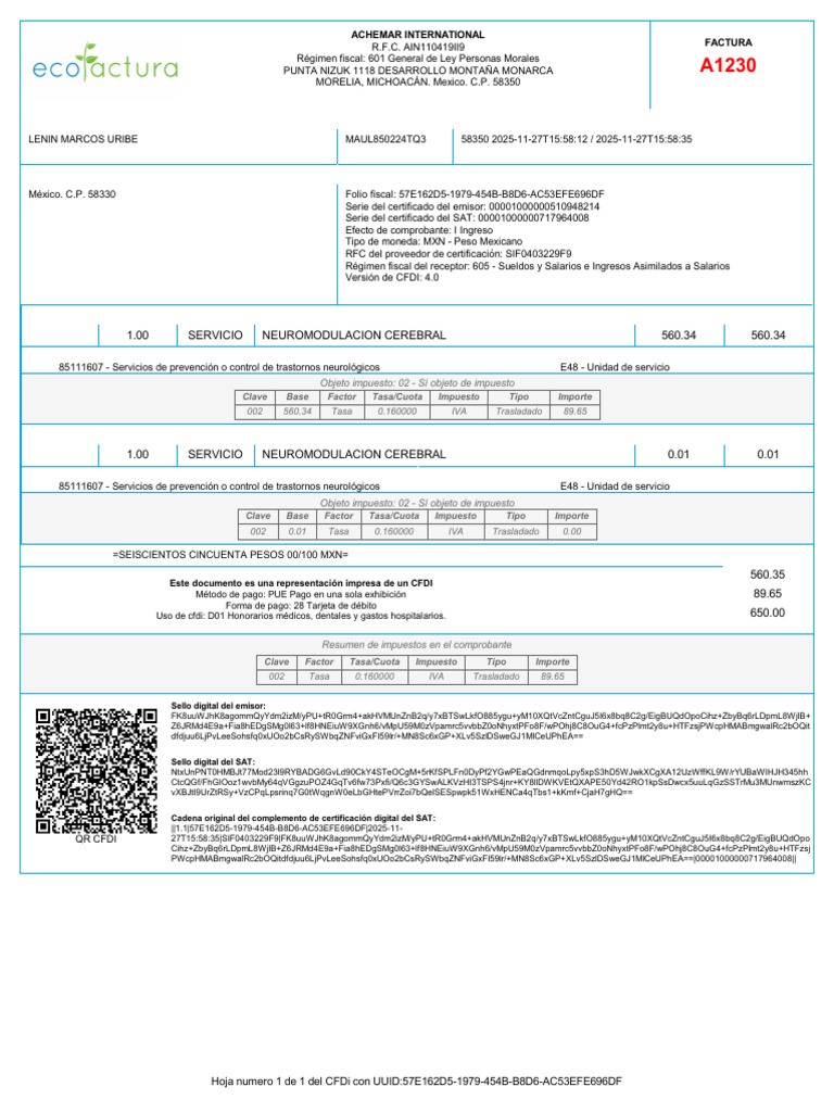 1.00 Servicio Neuromodulacion Cerebral 560.34 560.34: Achemar ...