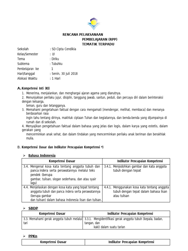Contoh RPP Tema Diriku | PDF