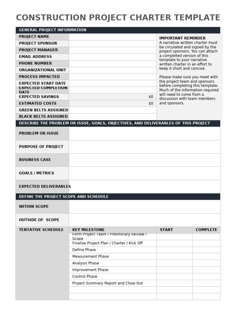 Construction Project Charter Template | PDF | Reliability Engineering ...