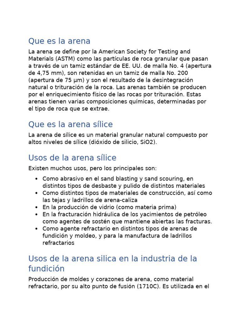 Características y Usos de la Arena Sílice | PDF | Arena | Circonio