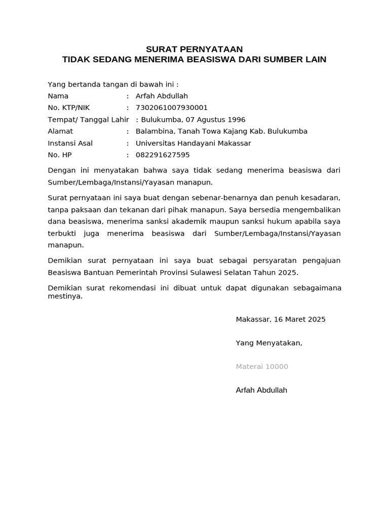 Surat Pernyataan Beasiswa Arfah Abdullah | PDF