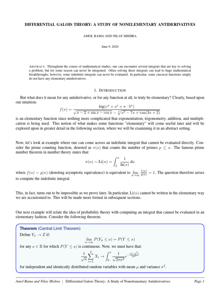 Differential Galois Theory .a Study of Nonelementary Antiderivatives ...