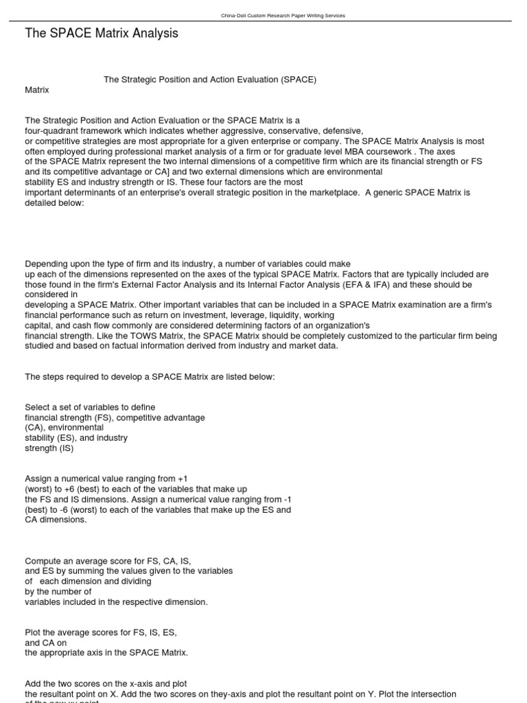SPACE Matrix Analysis for Strategy Evaluation | PDF | Strategic ...