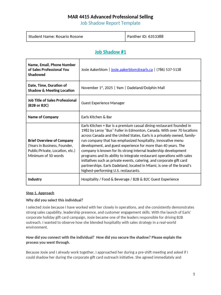 Job Shadow Report: Guest Experience Manager | PDF | Restaurants ...