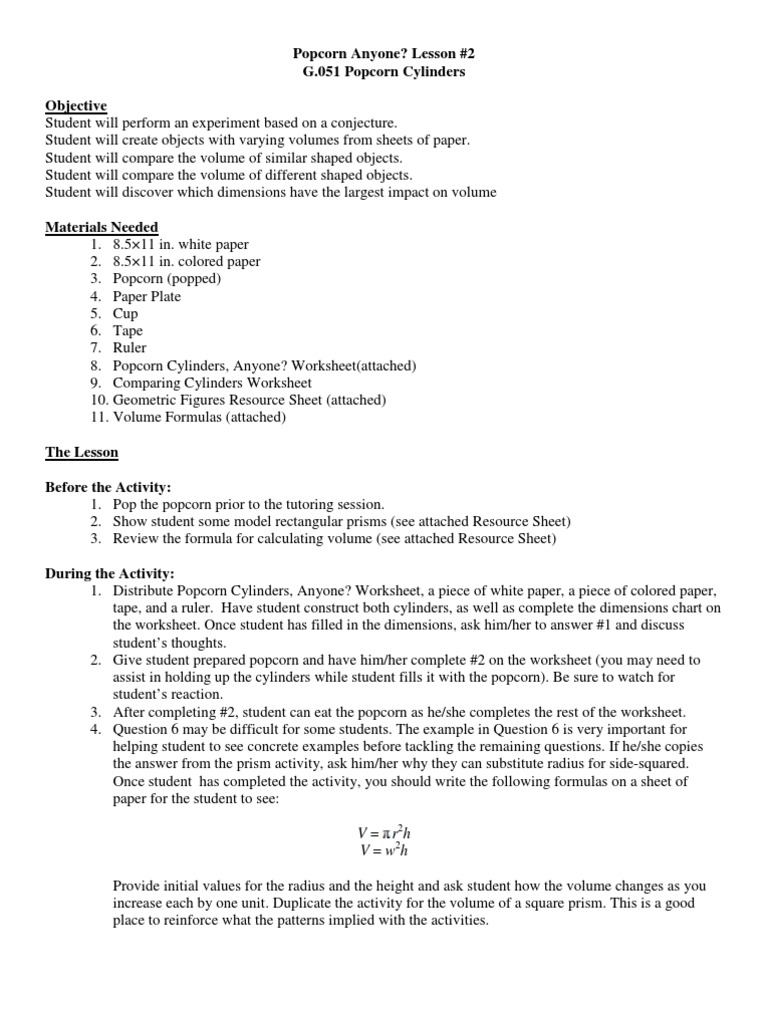 G.051 Popcorn Cylinders | PDF | Volume | Formula