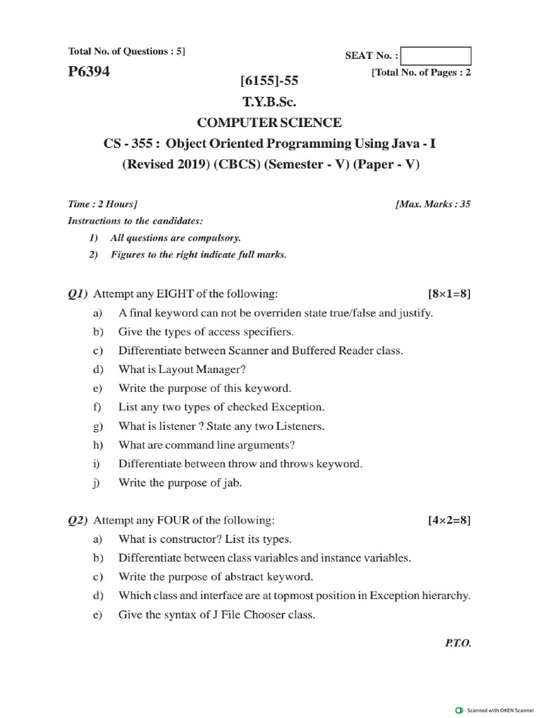 Java 2019 Pattern October 2023 Question Papers | PDF