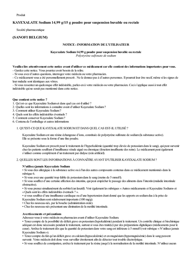 Kayexalate Sodium : Utilisation et Précautions | PDF | Potassium | Chimie