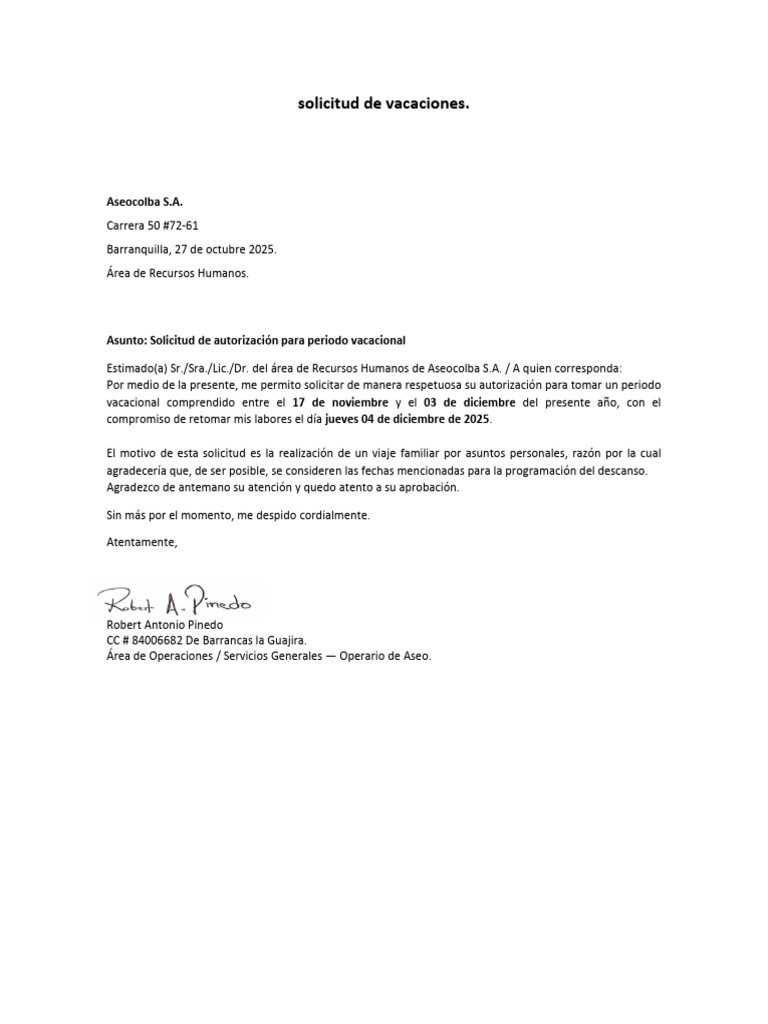Solicitud de Vacaciones Robert Pinedo. | PDF