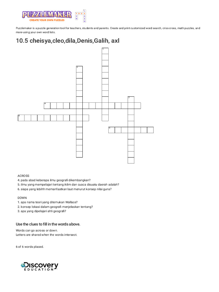 Criss Cross Puzzle - Discovery Education Puzzlemaker | PDF