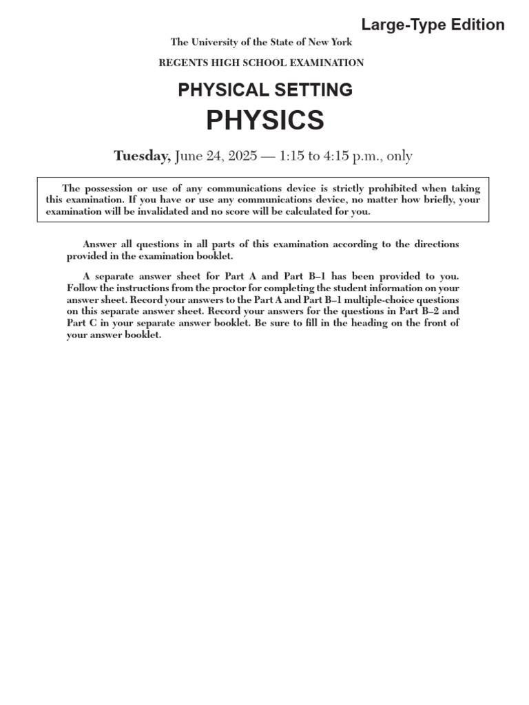 NY Regents Physics Exam June 2025 | PDF | Force | Electric Field