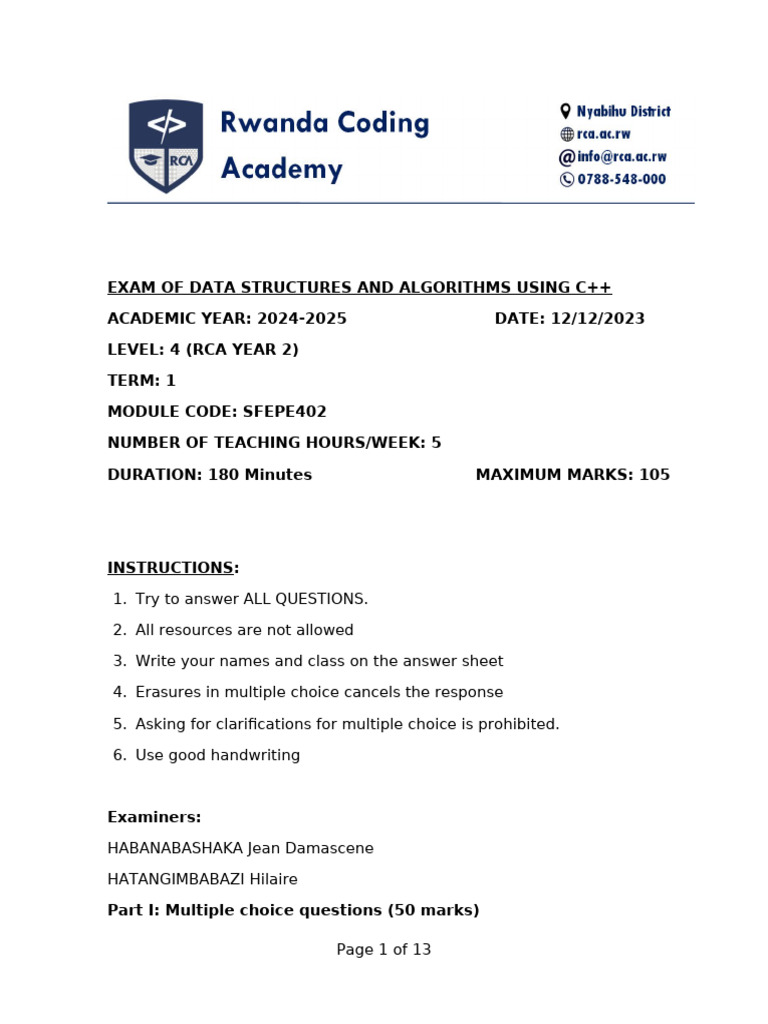 Copy of DSA-Exam-Term1-2024-2025 | PDF | C++ | Namespace