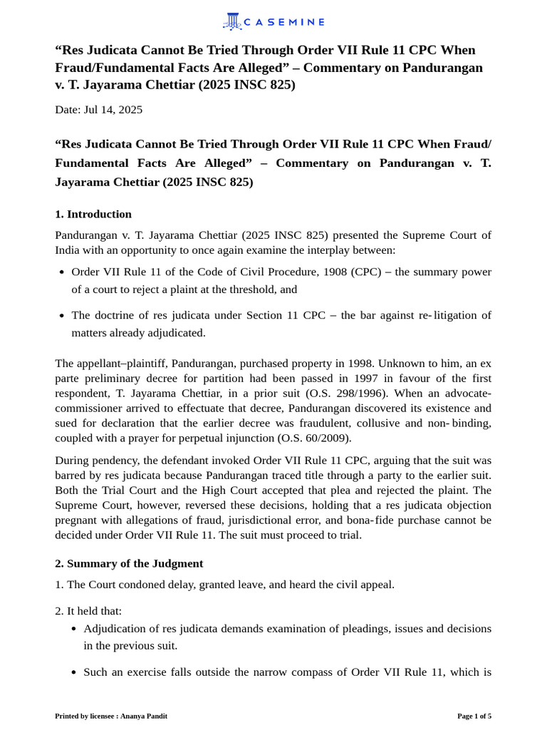 Res Judicata and Order VII Rule 11 CPC | PDF | Lawsuit | Res Judicata