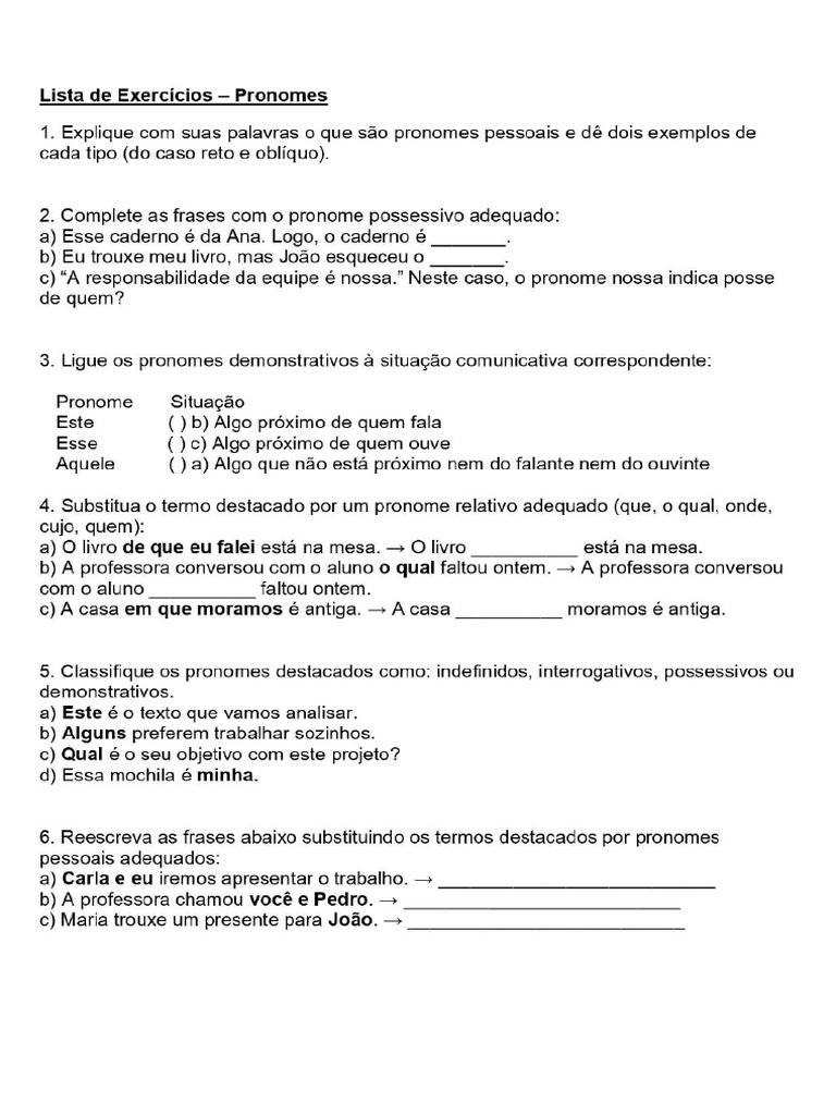 Exercicios Pronomes Atual | PDF