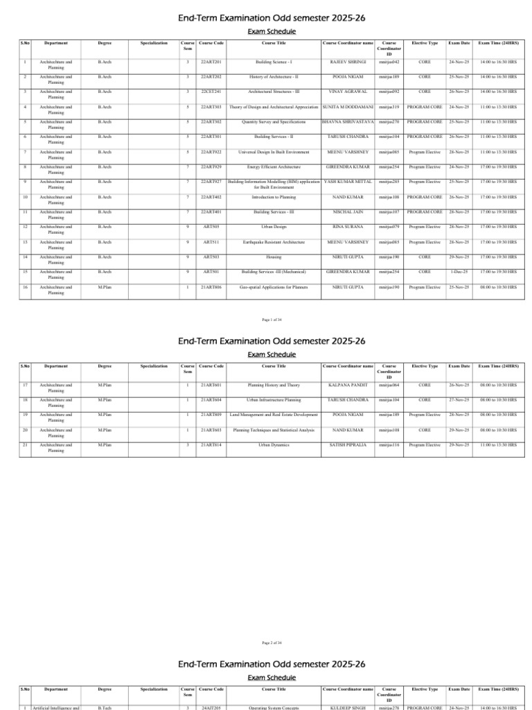 2025-26 Exam Schedule for Architecture and Engineering | PDF | Civil ...