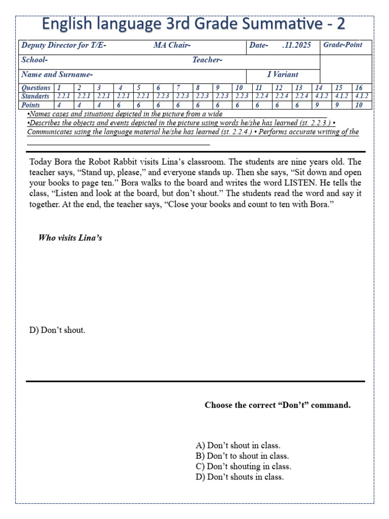 3rd Grade English Language Assessment | PDF | Chess Theory | Chess