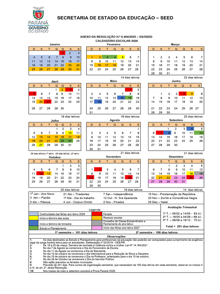 Calendário Escolar 2026 SEED | PDF