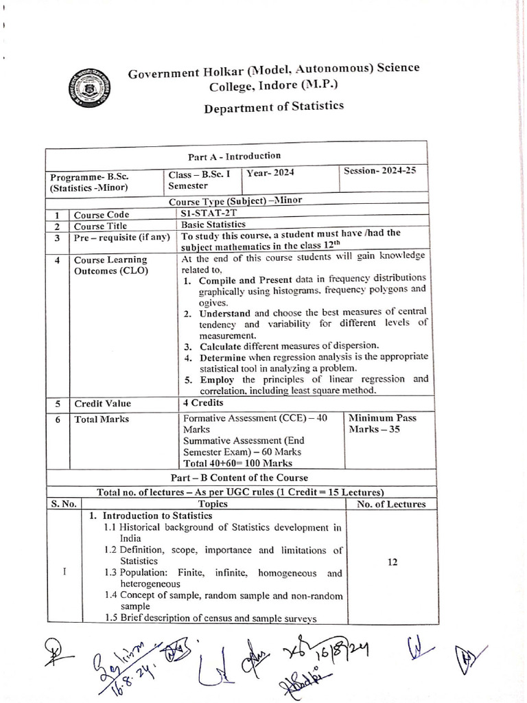 BSC I Semester Syllabus Minor Statistics 2024-2025 | PDF