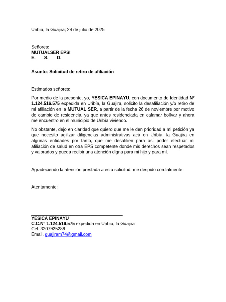 Carta de Retiro Mutual Ser Epsi | PDF
