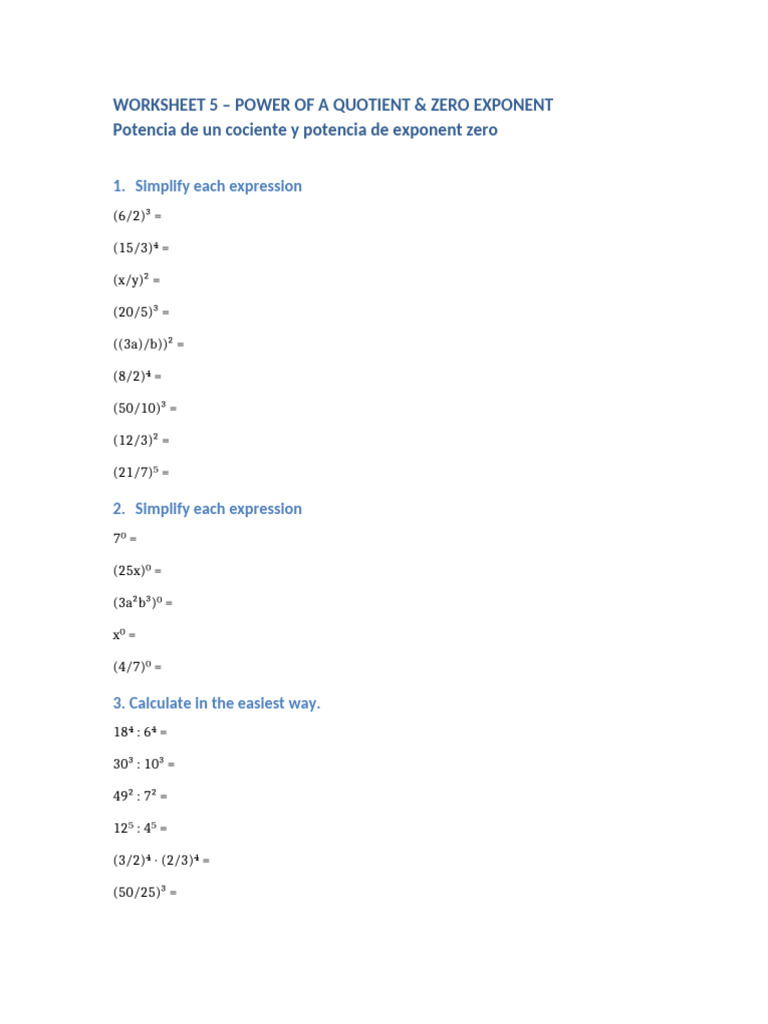 Worksheet 5 - Power of A Quotient and Zero Exponent | PDF