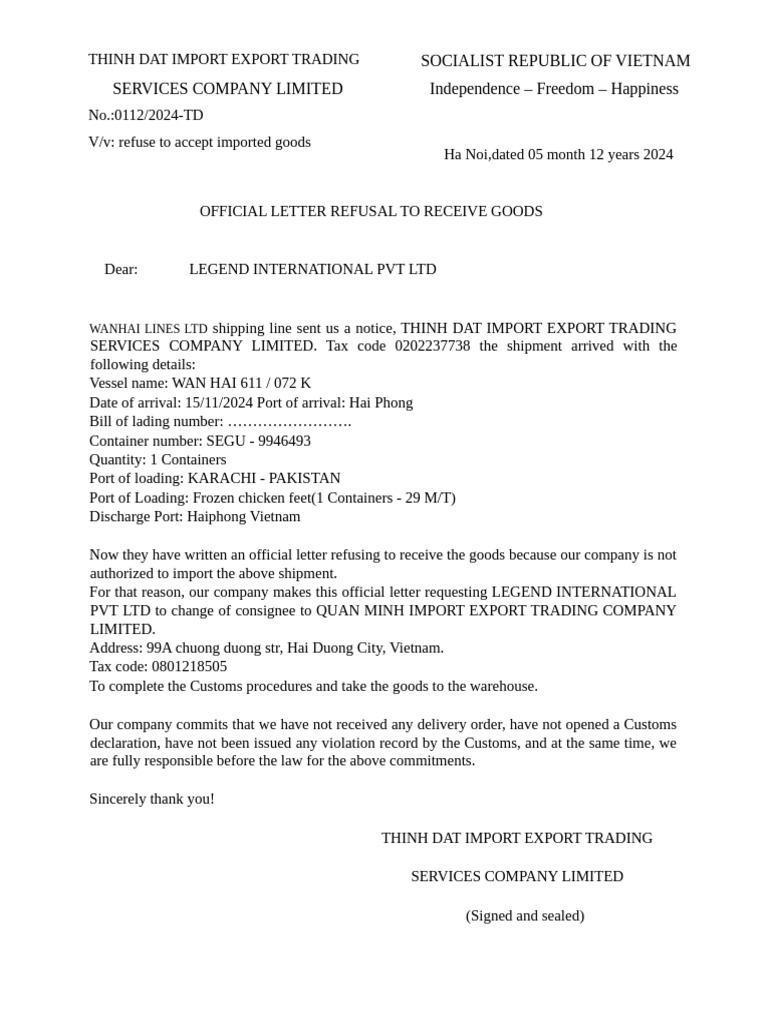 Refusal of Imported Goods Notification | PDF