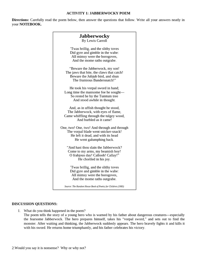 Activity 1 - Jabberwocky Poem | PDF | Lexical Semantics | Lewis Carroll
