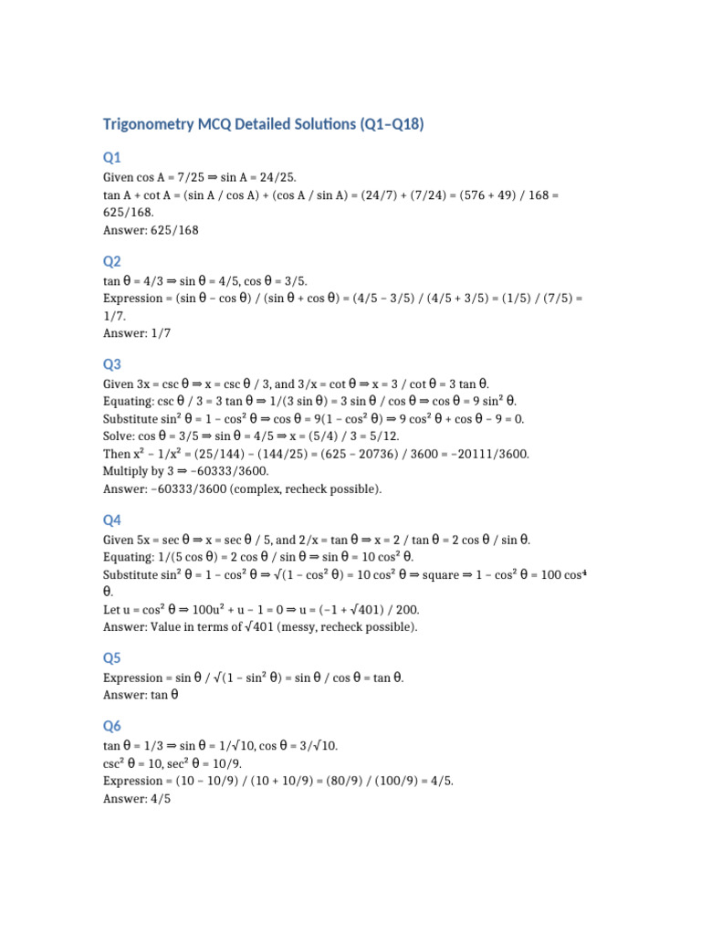 Trigonometry MCQs Q1 To Q18 Detailed Solutions | PDF | Trigonometric ...