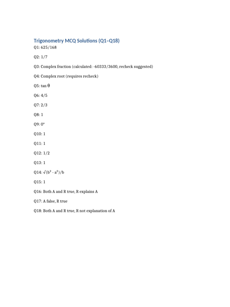 Trigonometry MCQs Q1 To Q18 Solutions | PDF