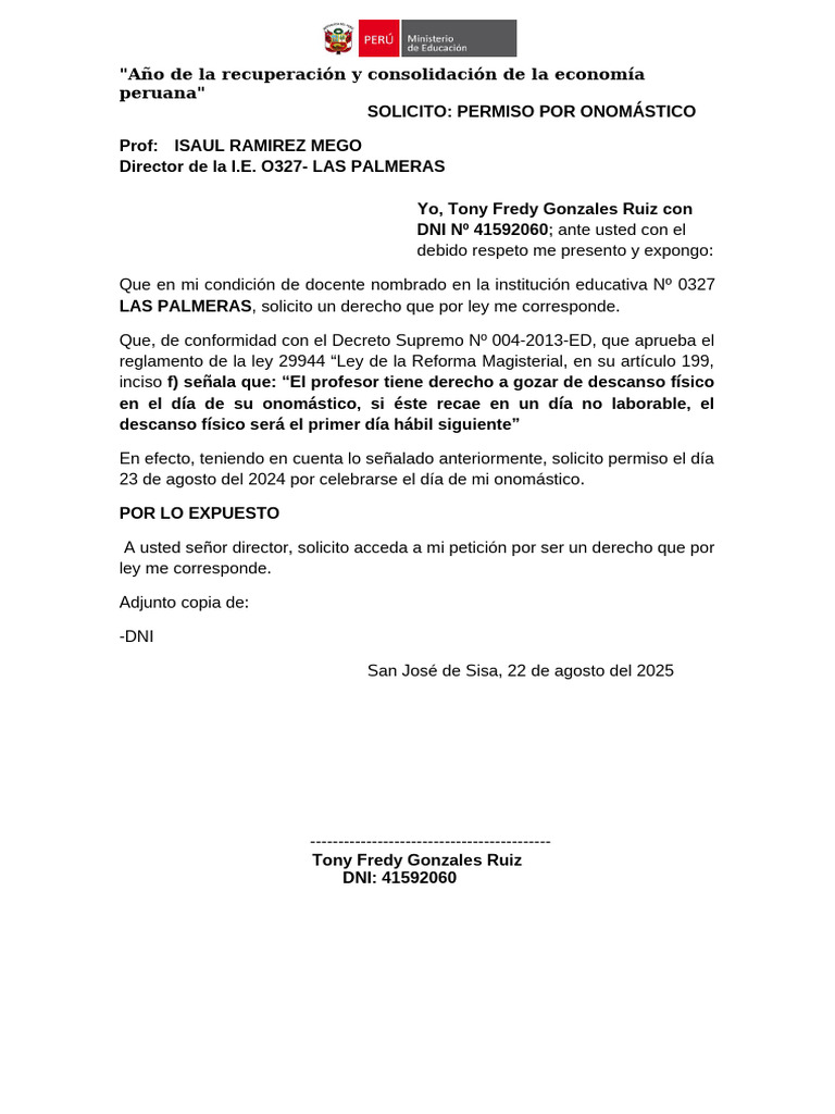 Solicito Permiso Por Onomástico | PDF