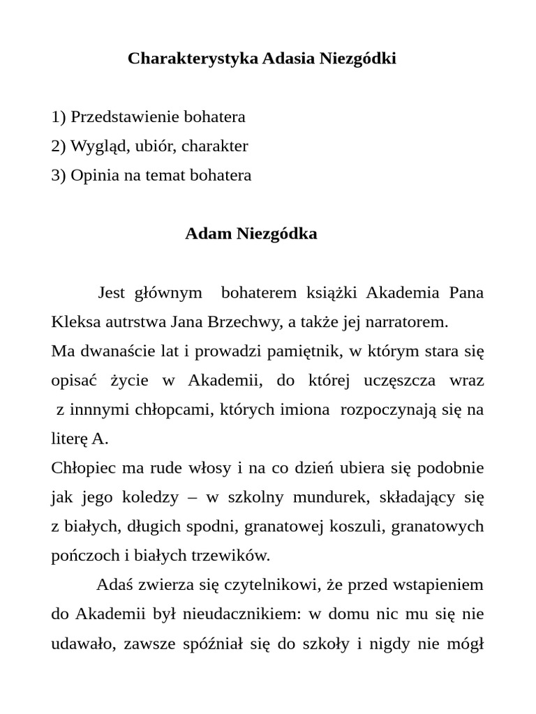 Charakterystyka Adasia Niezgódki | PDF