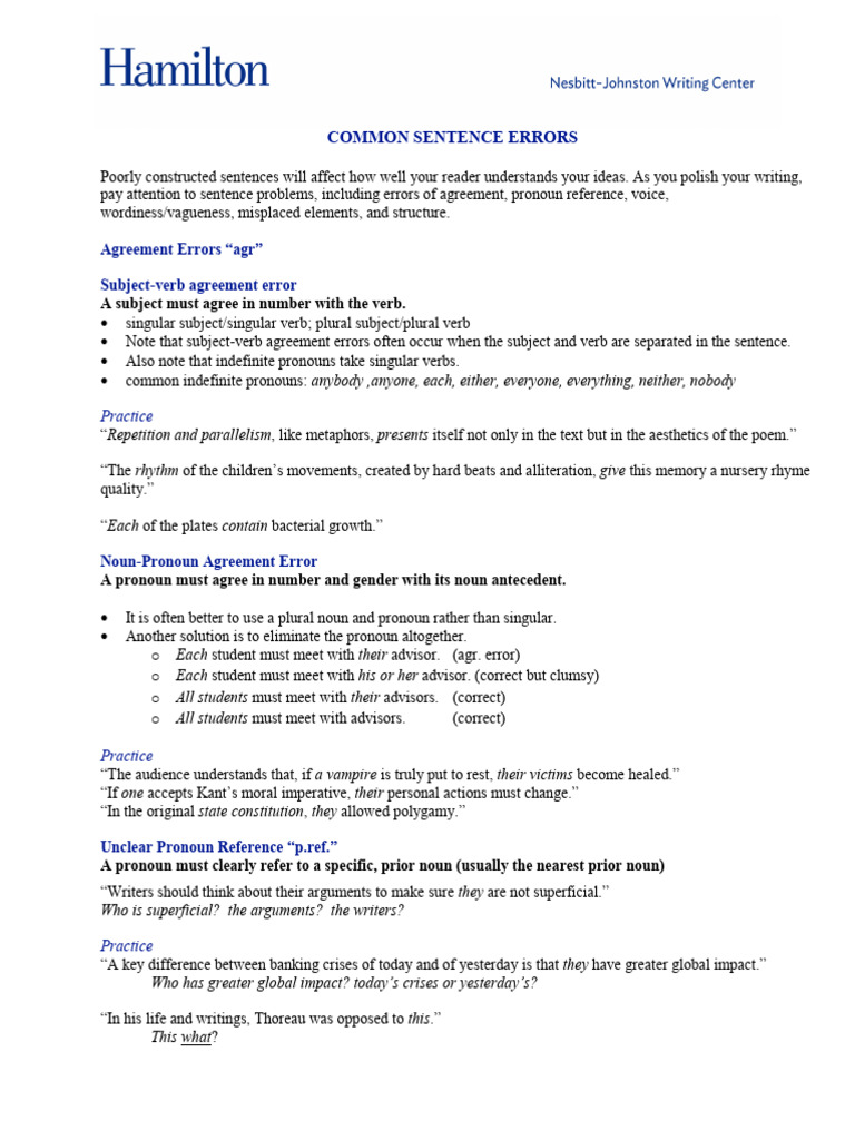 Common Sentence Errors Explained | PDF | Grammatical Number | Subject ...