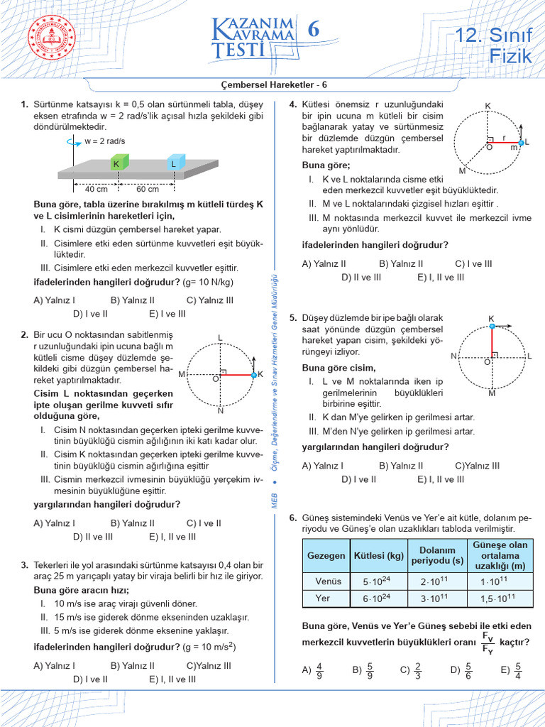 Fizik 12 KKT 6 (Boş) | PDF