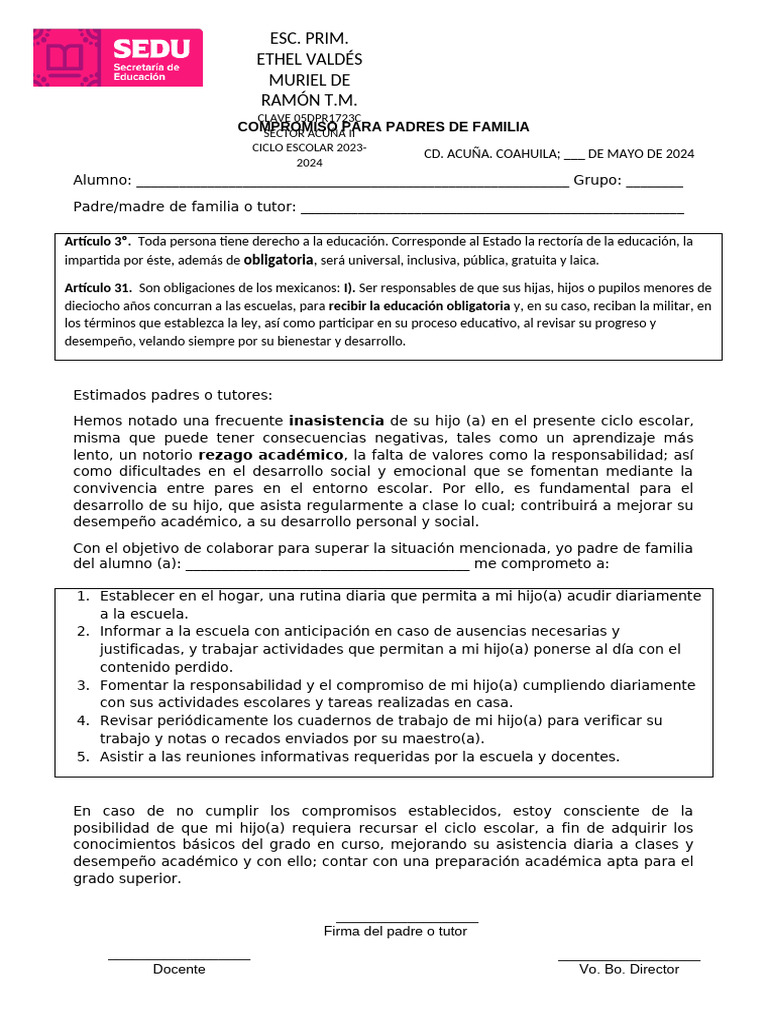 Carta-Compromiso-Para-Padres-De-Familia-Por-Inasistencia - Rezago | PDF ...