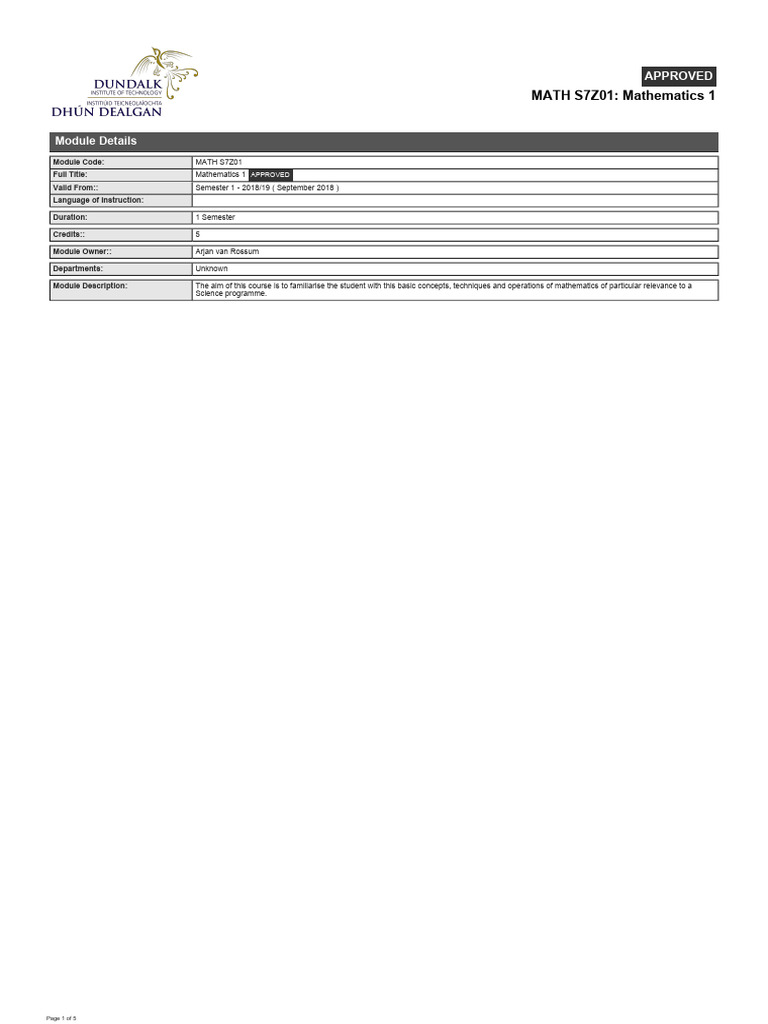 Module MATH S7Z01 Mathematics 1 | PDF