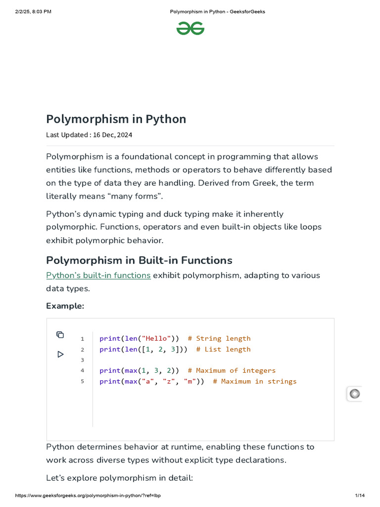 Polymorphism in Python - GeeksforGeeks | PDF | Method (Computer ...